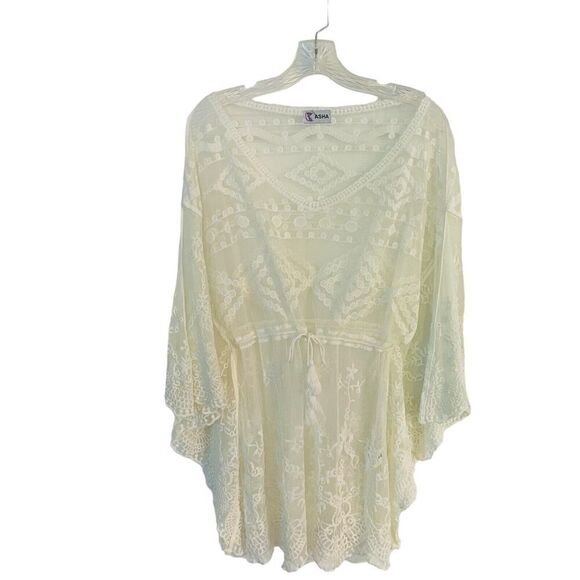 Asha | Tops | Asha Crochet Boho Poncho Blouse Womens M White Sheer Lace ...